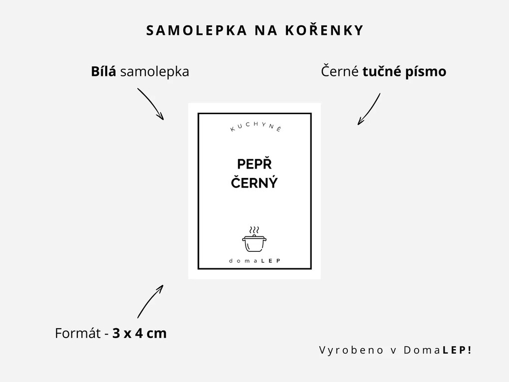 PEPŘ ČERNÝ - Samolepka na kořenky 3 x 4 cm - DomaLEP varianta: PRŮHLEDNÁ - tučné písmo