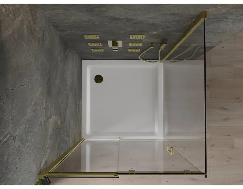 Mexen Omega posuvný sprchový kout 100 x 100 cm, 8mm sklo, zlatý profil-čiré sklo + slim sprchová vanička 5cm, 825-100-100-50-00-4010