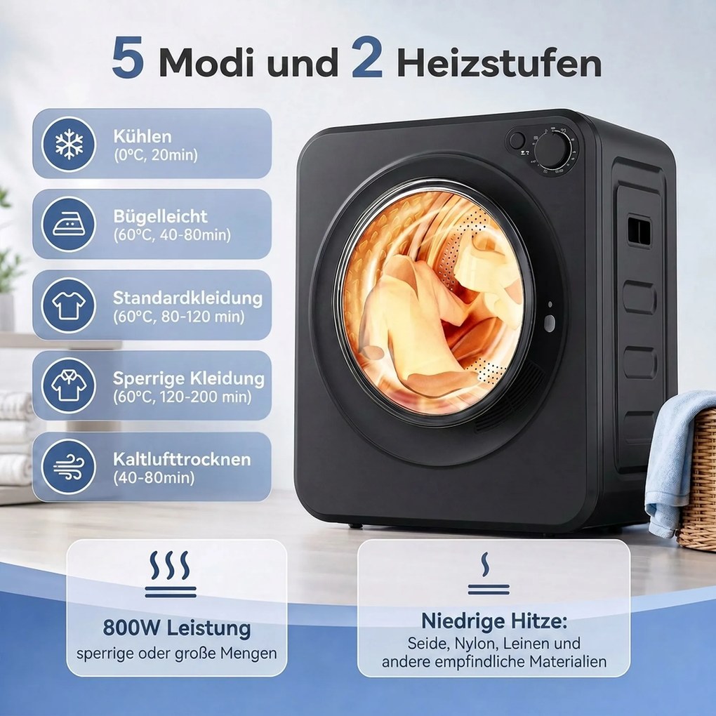 HOMCOM Mini sušička prádla 4 kg s 5 programy až do 60℃ 800W/400W odvětrávací sušička s nerezovým bubnem černá