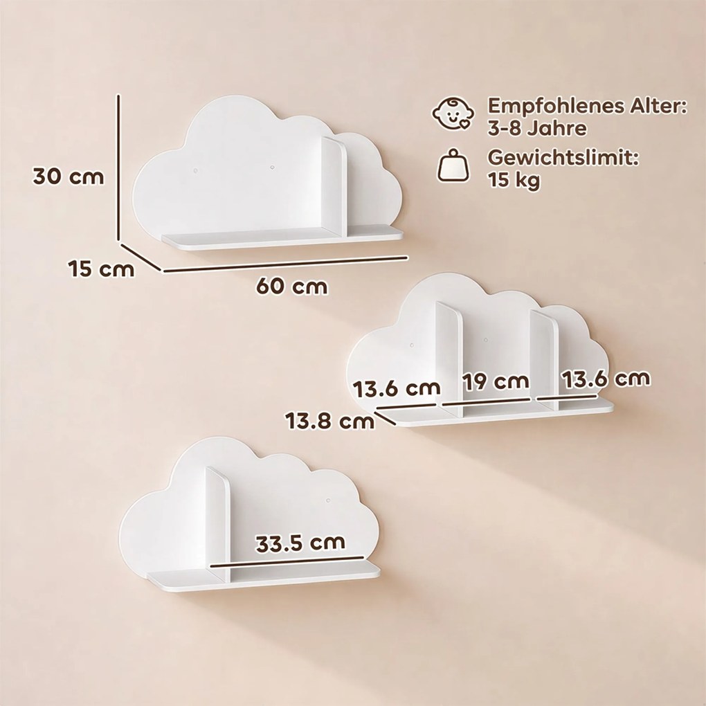 AIYAPLAY sada 3 nástěnných dětských regálů 60 cm, dětský knihovník ve tvaru oblaku, plovoucí knihovník Montessori pro 3–8 let, bílý