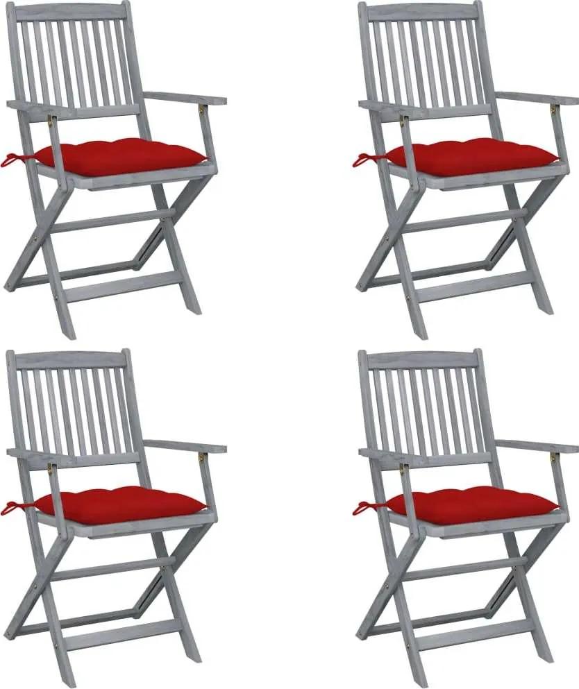 vidaXL Skládací zahradní židle s poduškami 4 ks masivní akáciové dřevo [3064526] Barva: Červená