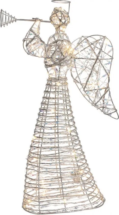 Stříbrný kovový anděl s trubkou a LED osvětlením - 28*10*51 cm / 3*AA