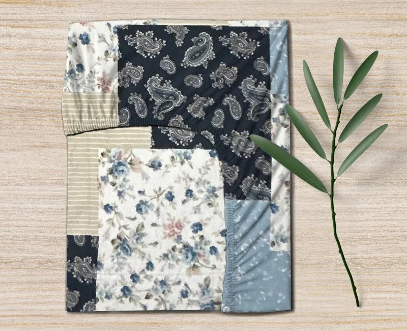 Ervi FLANELOVÉ napínací prostěradlo - Patchwork modrý