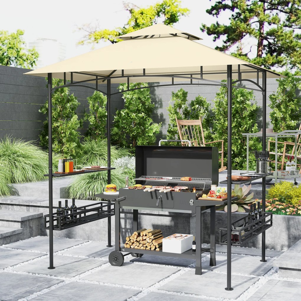 Outsunny Gril stan, BBQ stan, zahradní pavilon se 2 policemi, úložnými koši, háčky, na terasu, béžový