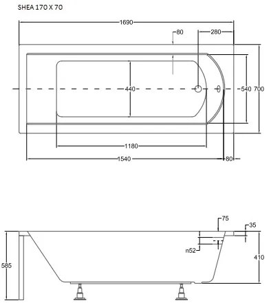 NIKIDO - B Akrylátová vana SHEA 140x70, 150x70, 160x70, 170x70 Velikost: 180x80