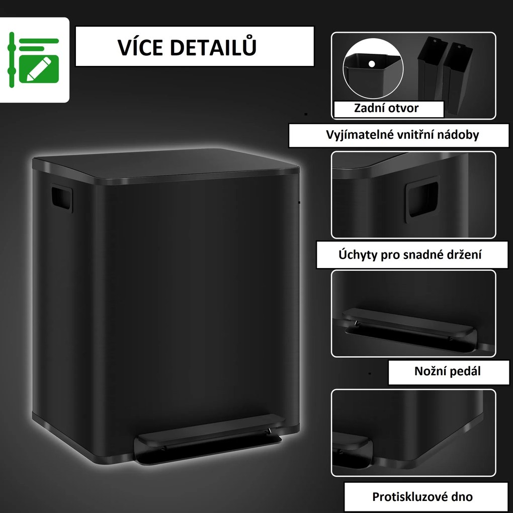 Dvojitý odpadkový koš na tříděný odpad 2x25 l, černý 851-037V02BK