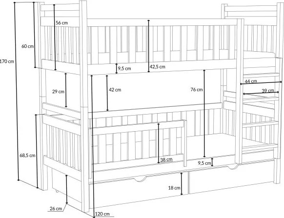 Dětská patrová postel z masivu borovice KAREL se šuplíky - 200x90 cm