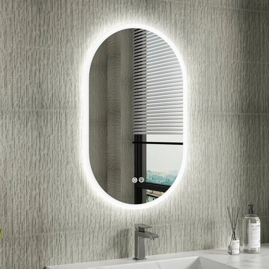 Erga Demi, oválné LED zrcadlo 50x80cm, 3 barvy světla, přední osvětlení, topná podložka proti zapaření, ERG-V01-Demi-5080-CL