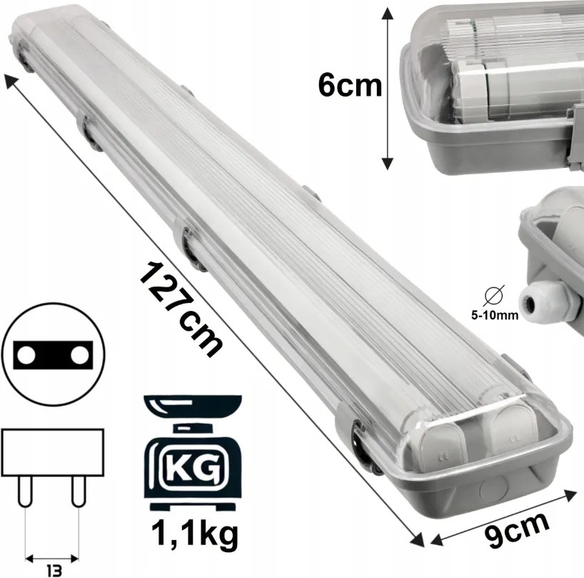 Sada 2× hermetické svítidlo 120 cm + LED trubice do dílny a garáže