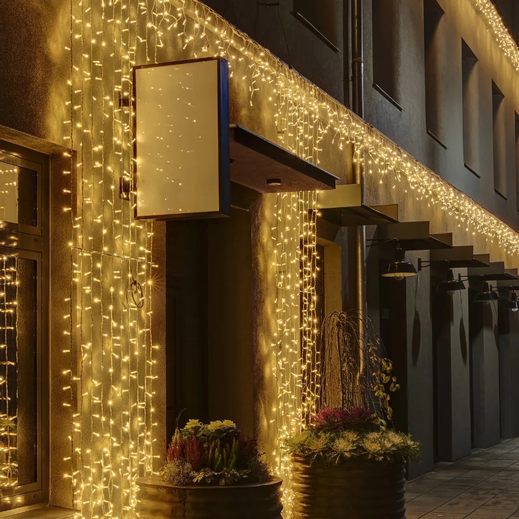 Easy Fix LED světelný závěs venkovní, 100 × 500 cm, teple bílá s ledovými FLASH, 500 diod, bílý kabel IP67, prodlužovací