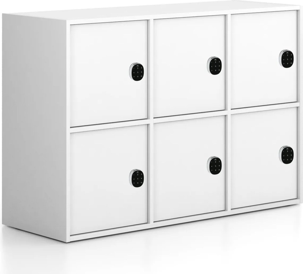 Kancelářská skříň FRAME, nízká, 6x dveře, 1299 x 450 x 881 mm, kódový zámek, bílá