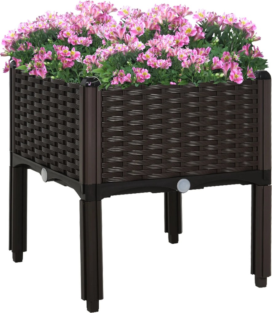 Zvýšený záhon Outsunny, květináč s drenážními otvory, květinový box v ratanovém vzhledu, plast, hnědý, 40 x 44 cm