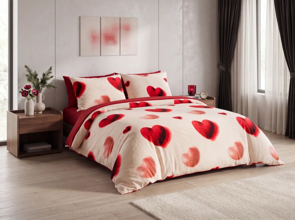 Oboustranné povlečení DUO SENSE HEARTELLE krémové mikroplyš/flanel Rozměr povlečení: 2 ks 70 x 90 cm | 200 x 220 cm