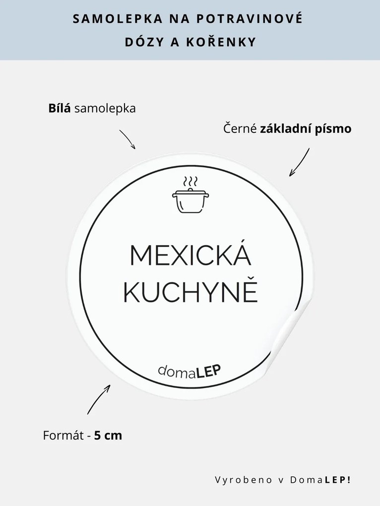 Samolepka na kořenky MEXICKÁ KUCHYNĚ bílá 5 cm základní písmo
