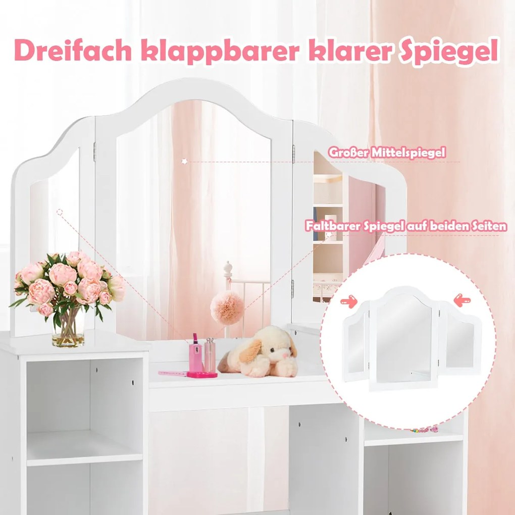 Costway 2 v 1 Dětský toaletní stolek se zrcadlem – 107 × 40 × 117 cm, bílý