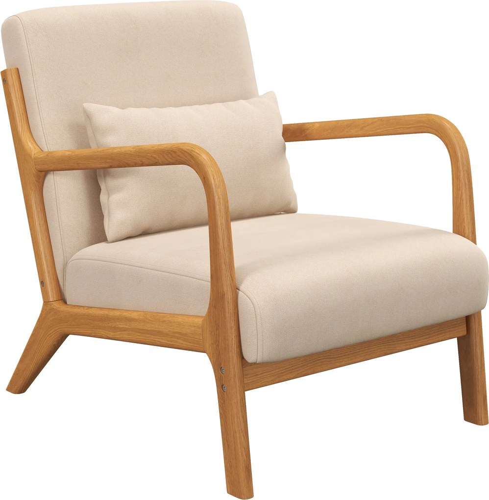 HOMCOM Lounge Křeslo Nordic Styl s Područky a Polštem, Rám z Gumového Dřeva pro Obývací Pokoj, Nosnost 120 kg, 61x78x76 cm, Béžové | Aosom