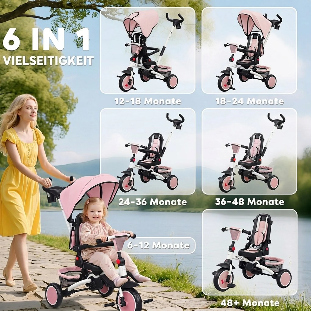 AIYAPLAY Dětská tříkolka, 6-v-1 buggy pro malé děti, s tlačnou tyčí, nastavitelným sedadlem, skládacím designem, bezpečnostní sítí