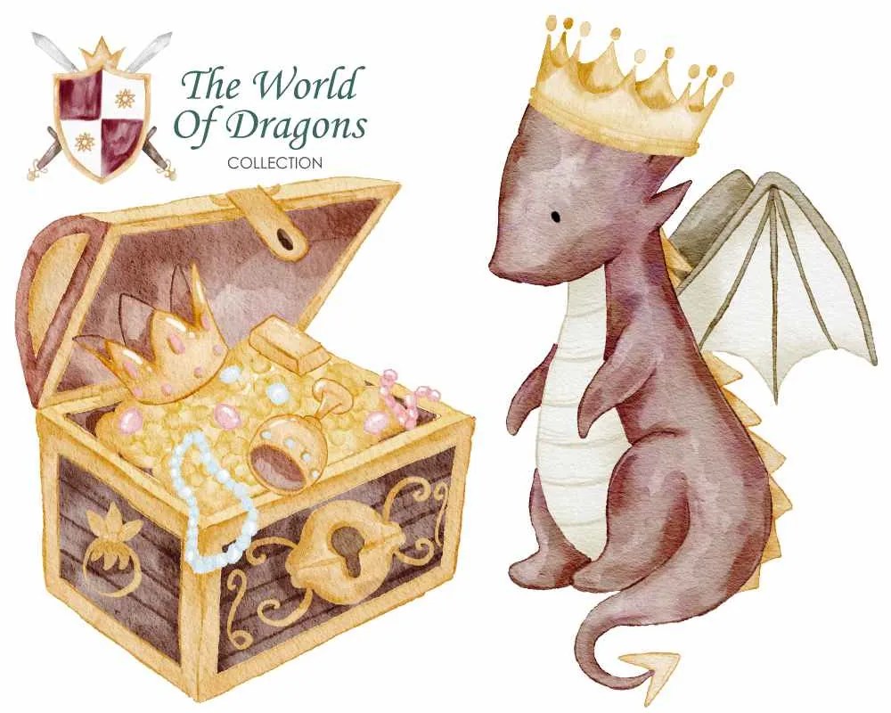 Gario Dětská nálepka na zeď The world of dragons - drak s korunou a pokladem Rozměry: 110 x 90 cm