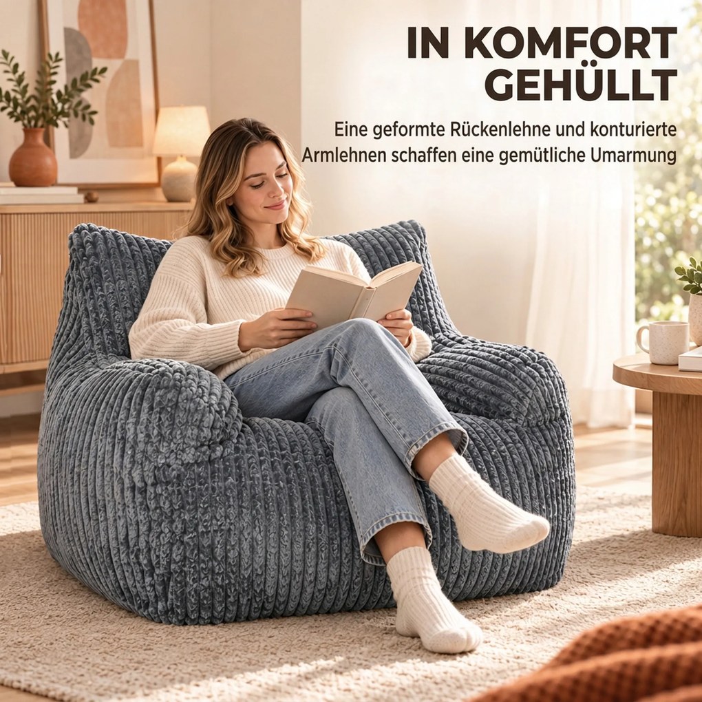 HOMCOM Podlahové křeslo pro dospělé, velká Cloud podlahová lounge bez rámu, s opěrkou zad a područkami, bez montáže, šedá