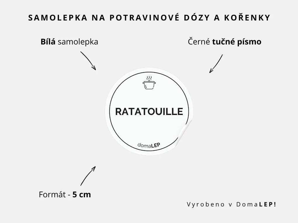 RATATOUILLE - omyvatelná samolepka na kořenky, výběr rozměrů Ø 5 cm / 5 x 5 cm / 6 x 8 cm | DomaLEP tvar: ČTVEREC, barva: BÍLÁ - ČERNÉ písmo, velikost: š. 5 cm x v. 5 cm - tučné písmo