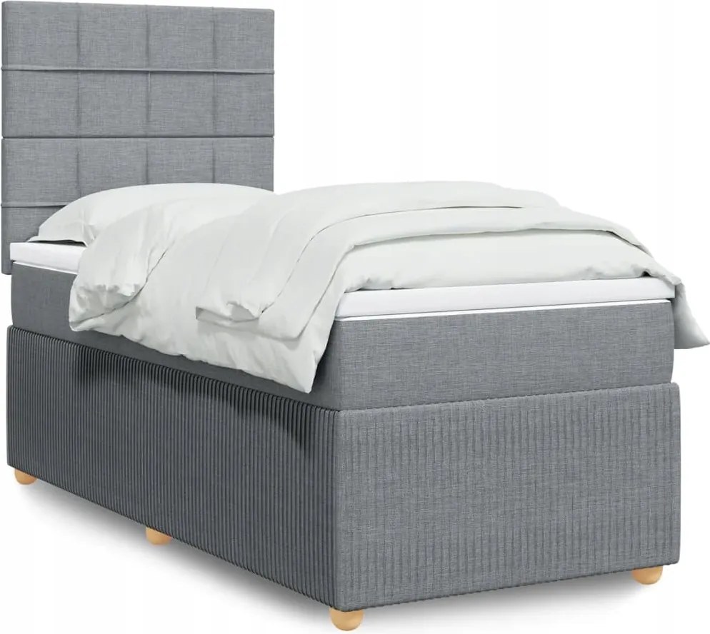 Box Spring Postel S Matrací Textil Světle Šedá Blok se čtverci 90 x 190 c