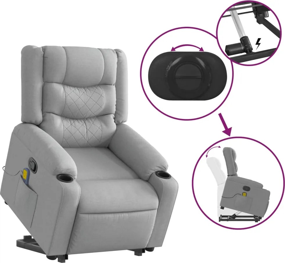 Zvedací masážní polohovací křeslo světle šedé textil 3206576