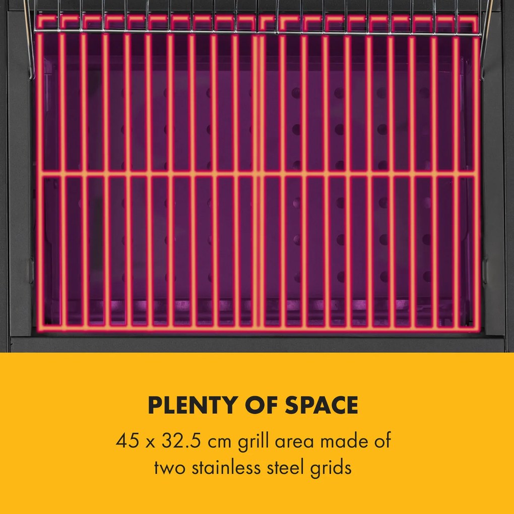Klarstein Meat Machine, gril na dřevěné uhlí, 45 x 32,5 cm, teploměr, kolečka, černý