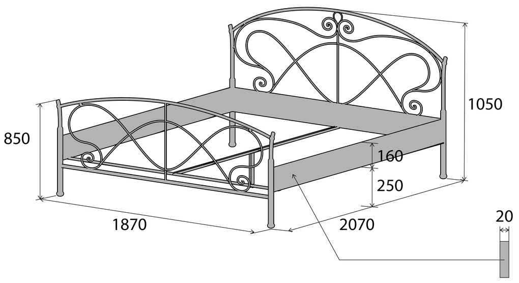 Nábytek ATIKA s.r.o. Kovová postel HERMÍNA Povrchová úprava: stříbrná RAL 9006, Rozměr: 200 x 200 cm