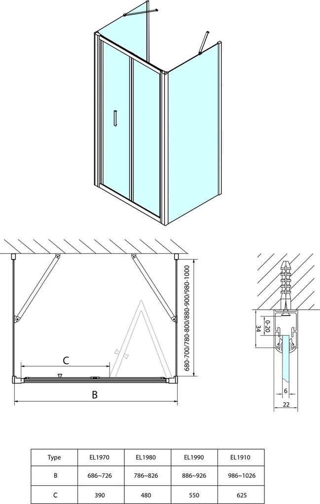 Polysan Polysan, EASY sprchový kout tři stěny 800x1000mm, skládací dveře, L/P varianta, čiré sklo, EL1980EL3415EL3415