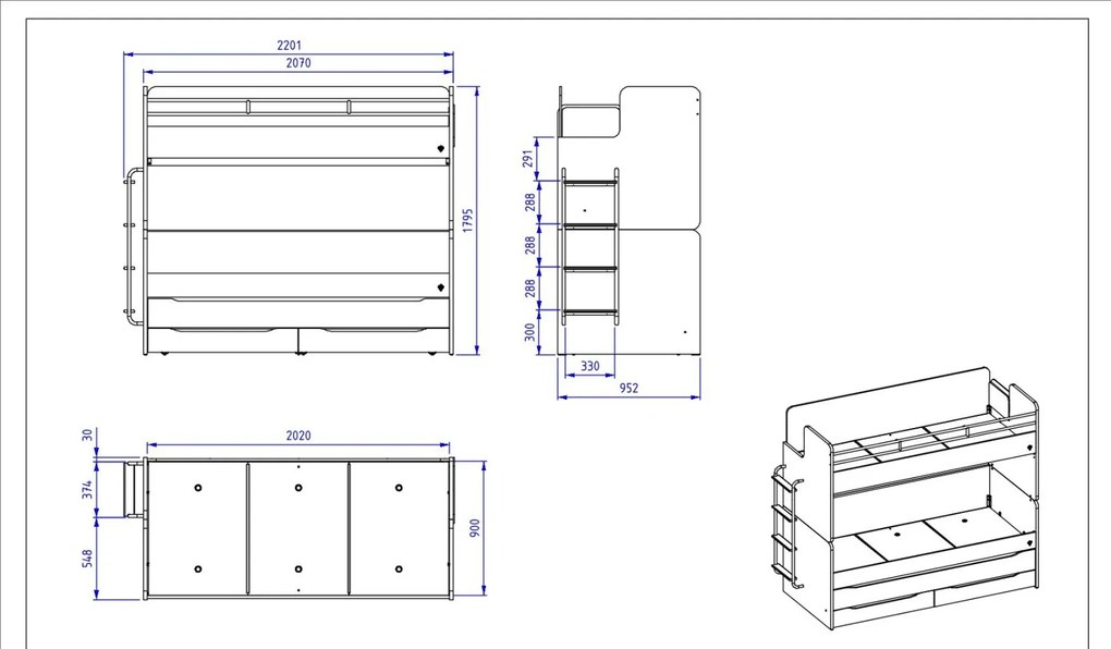 Patrová postel s přistýlkou, úložným prostorem a žebřík Pure Modular - bílá