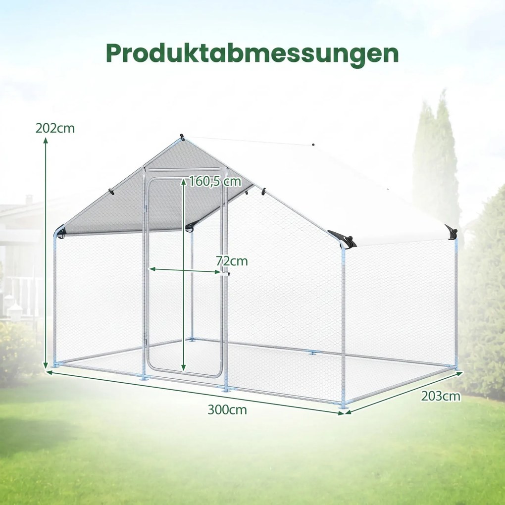 Costway Kovový výběh pro slepice 3 × 2 × 2 m s ochrannou plachtou