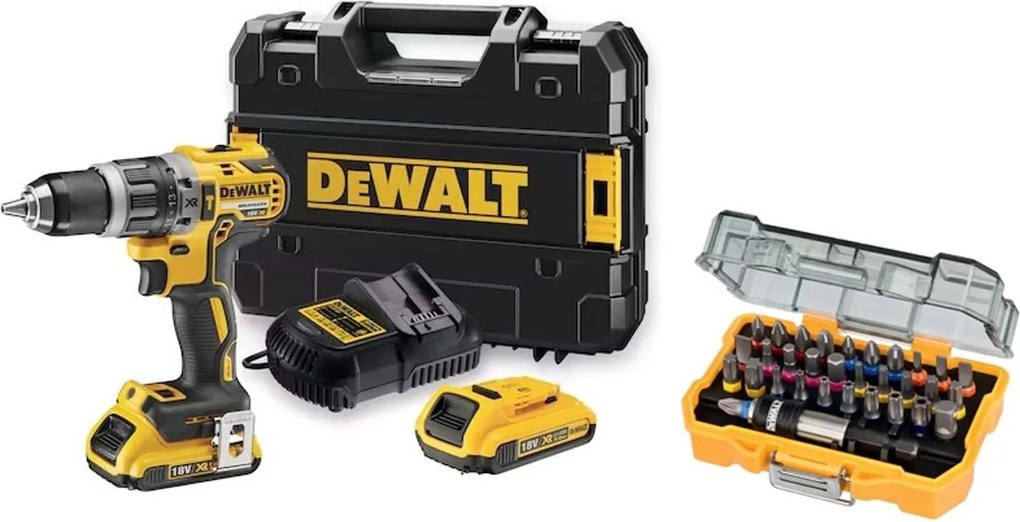DeWALT - 18V AKU vrtací šroubovák s příklepem, s příslušenstvím, 2x aku 2,0 Ah Li-Ion, nabíječka DCD796D2A