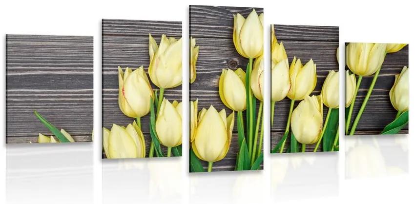 5-dílný obraz okouzlující žluté tulipány na dřevěném podkladu