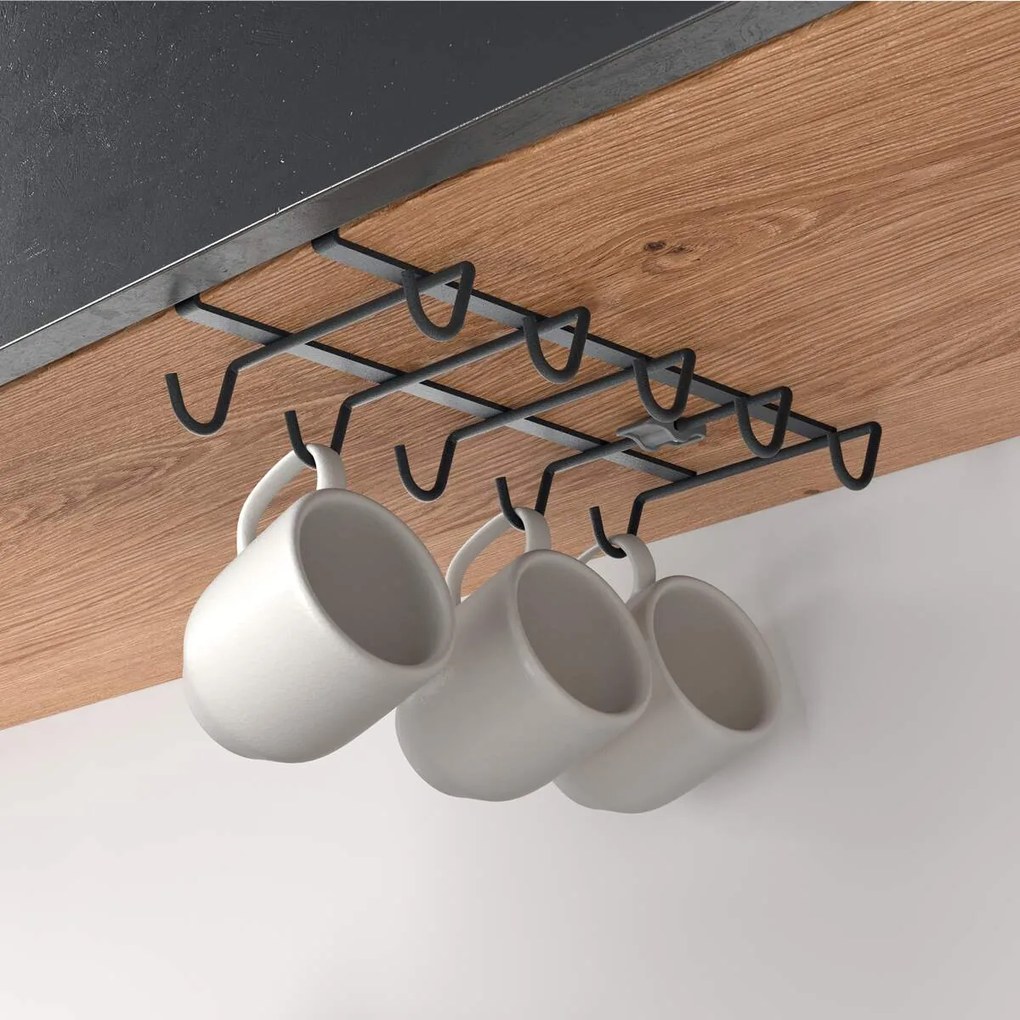 METALTEX Držák na hrnečky s 10 háčky, závěsný pod polici, bez montáže, MYMUG LAVA, černý