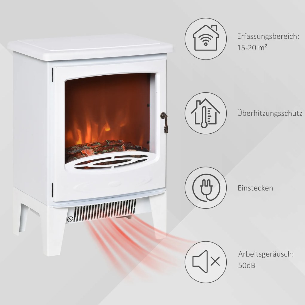 Elektrický krb HOMCOM LED s efektem plamene 900/1800 W z kovu a ABS plastu v bílé barvě 39 x 26 x 54,8 cm pro útulnou atmosféru |