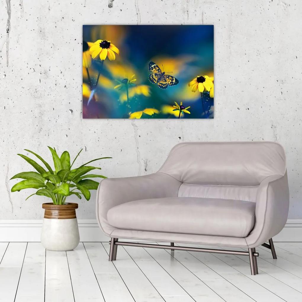 Skleněný obraz - Žlutý motýl s květy (70x50 cm)