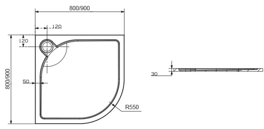 Mereo čtvrtkruhová sprchová vanička s oblým krytem sif 80x80x3 cm vč. sif bez nožiček litý mramor bílá CV15CS