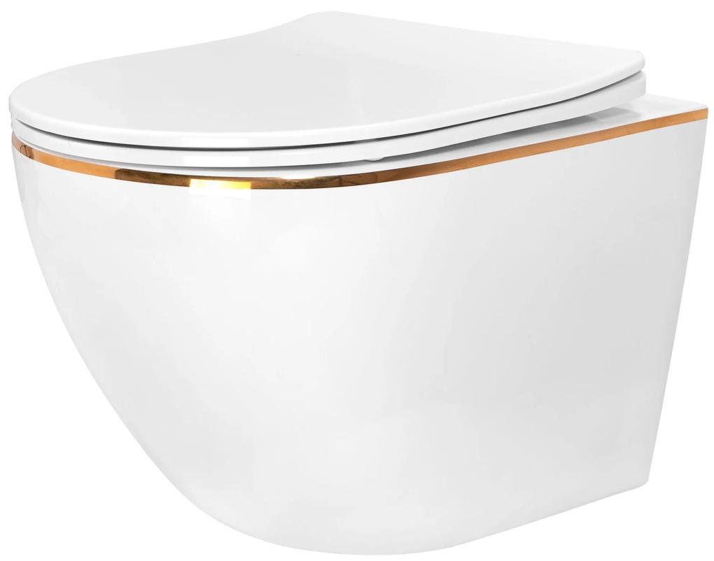 Závěsná WC mísa se SoftClose sedátkem REA CARLO MINI Flat, bílá/zlatý lem