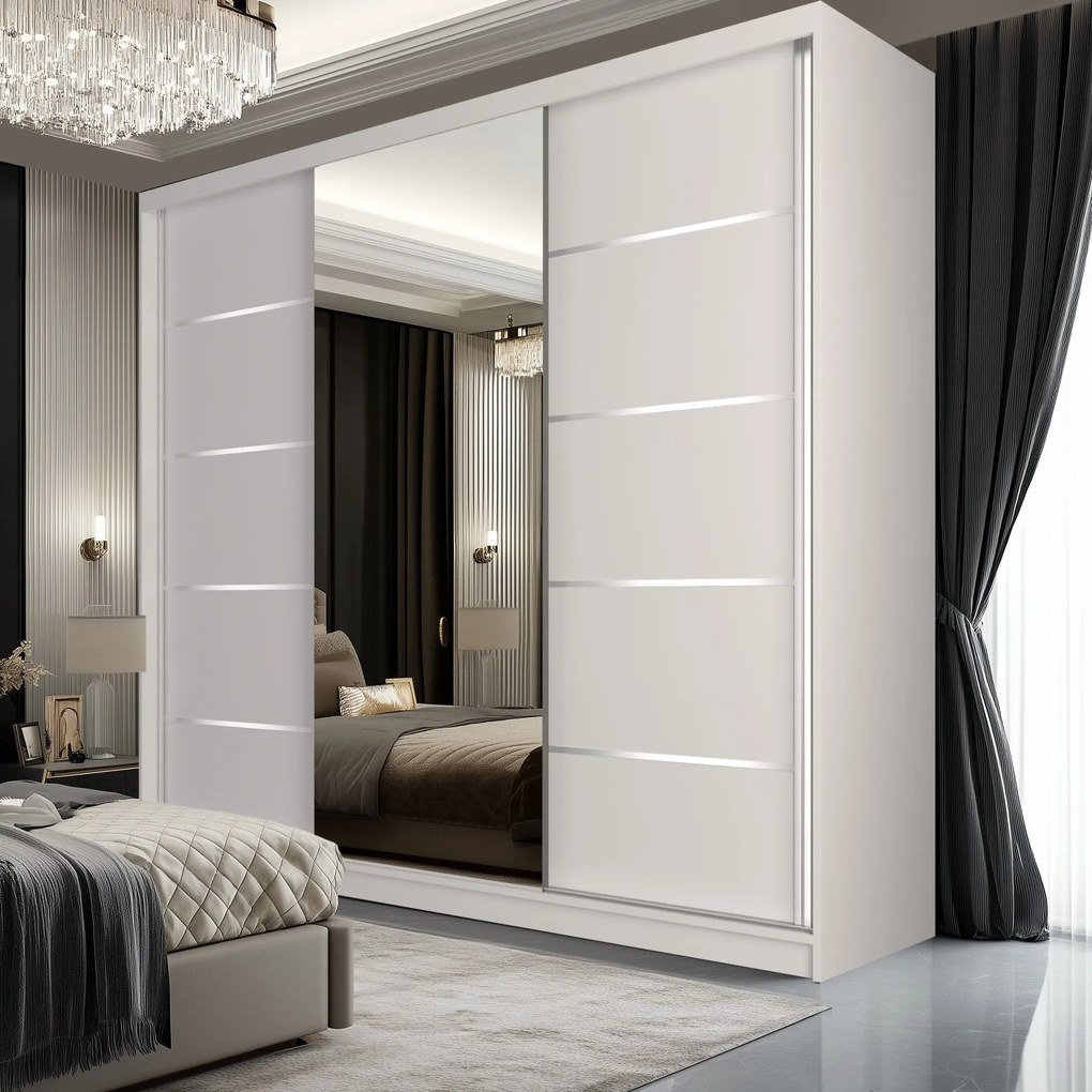 Šatní skříň SERENITY 232 cm Belini bílý mat / bílý mat  s posuvnými dveřmi a zrcadlem  MBP SERENITY SZP8/0/W/W/0/HIAL