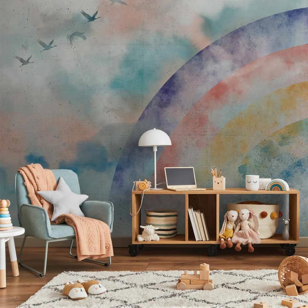 Fototapeta Duha sny - krajina s oblaky a létajícími ptáky ve stylu akvarelu