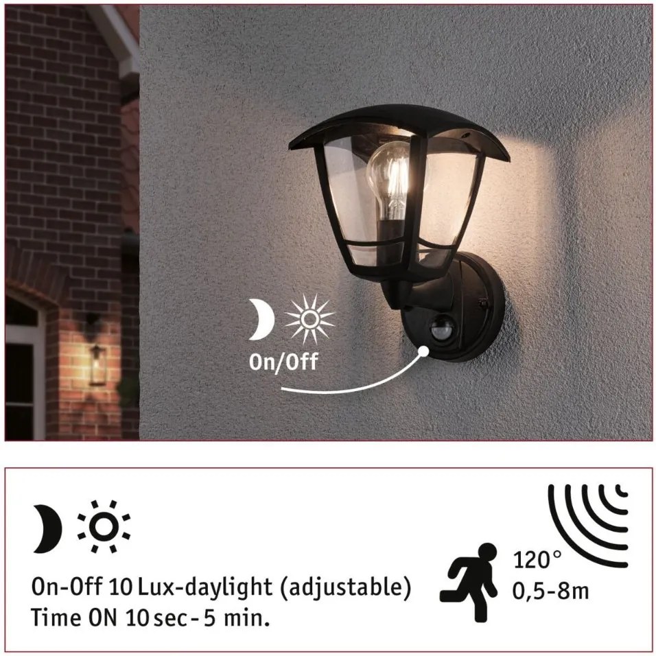 P 94647 Venkovní nástěnné svítidlo Classic Curved pohybové čidlo IP44 hranaté 164x180mm max. 12W 230V černá umělá hmota - PAULMANN