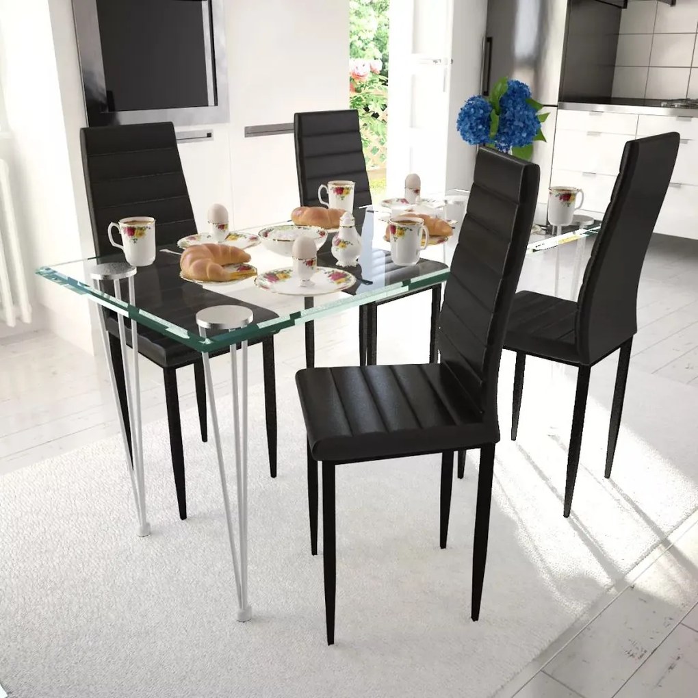 271689 vidaXL Jídelní set: černé židle štíhlé 4 ks a 1 skleněný stůl