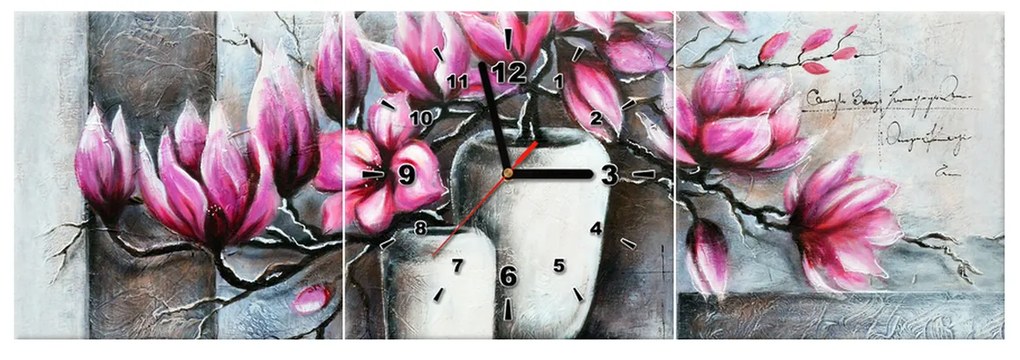 Gario Obraz s hodinami Růžové magnolie ve váze - 3 dílný Rozměry: 100 x 70 cm