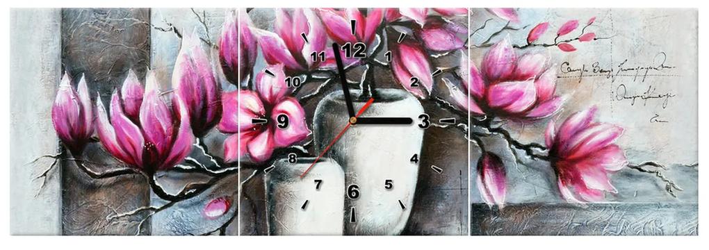 Gario Obraz s hodinami Růžové magnolie ve váze - 3 dílný Rozměry: 90 x 70 cm