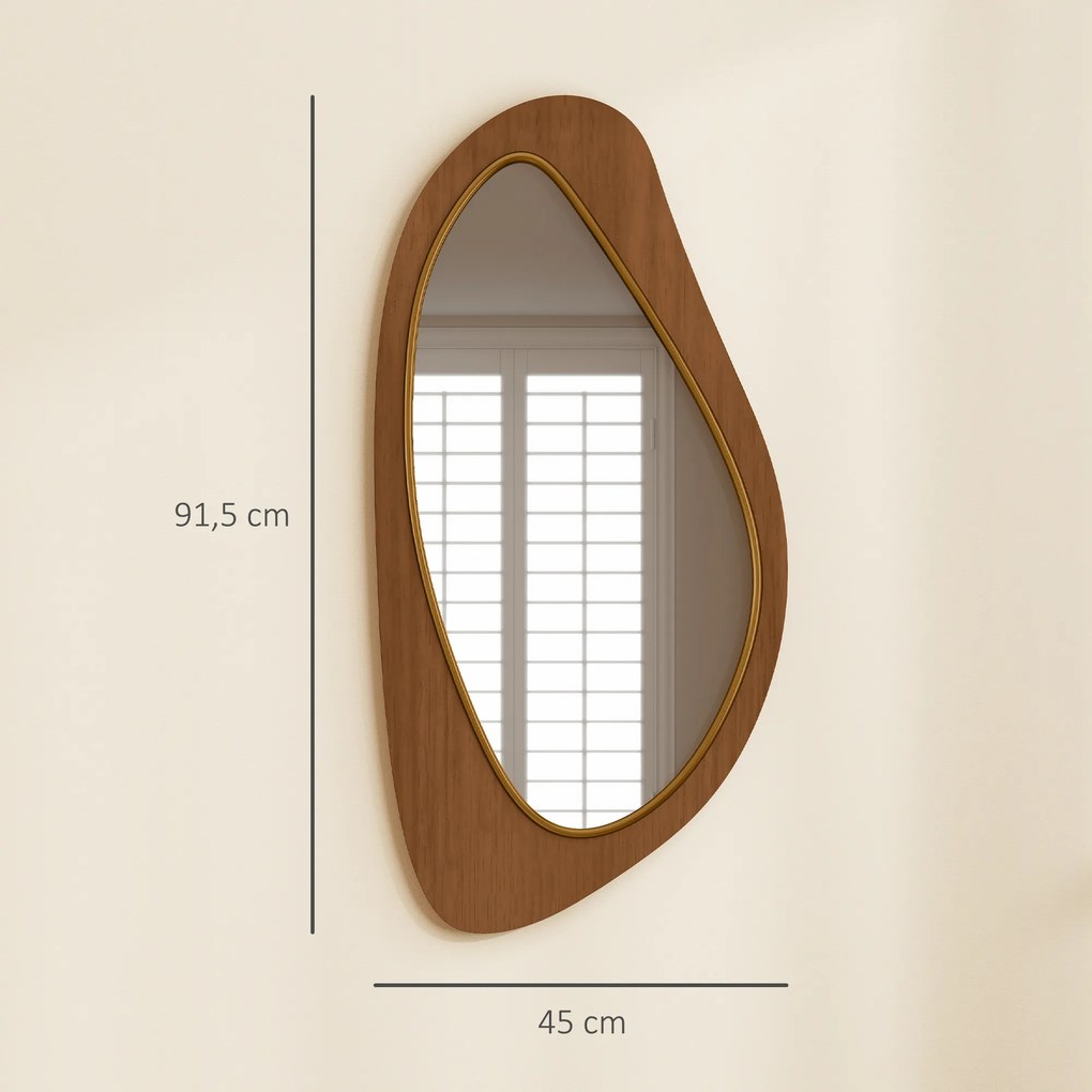 HOMCOM asymetrické nástěnné zrcadlo 91,5 x 45 cm – rám z borovicové dýhy, dekorativní závěsné zrcadlo do ložnice a obývacího pokoje, přírodní