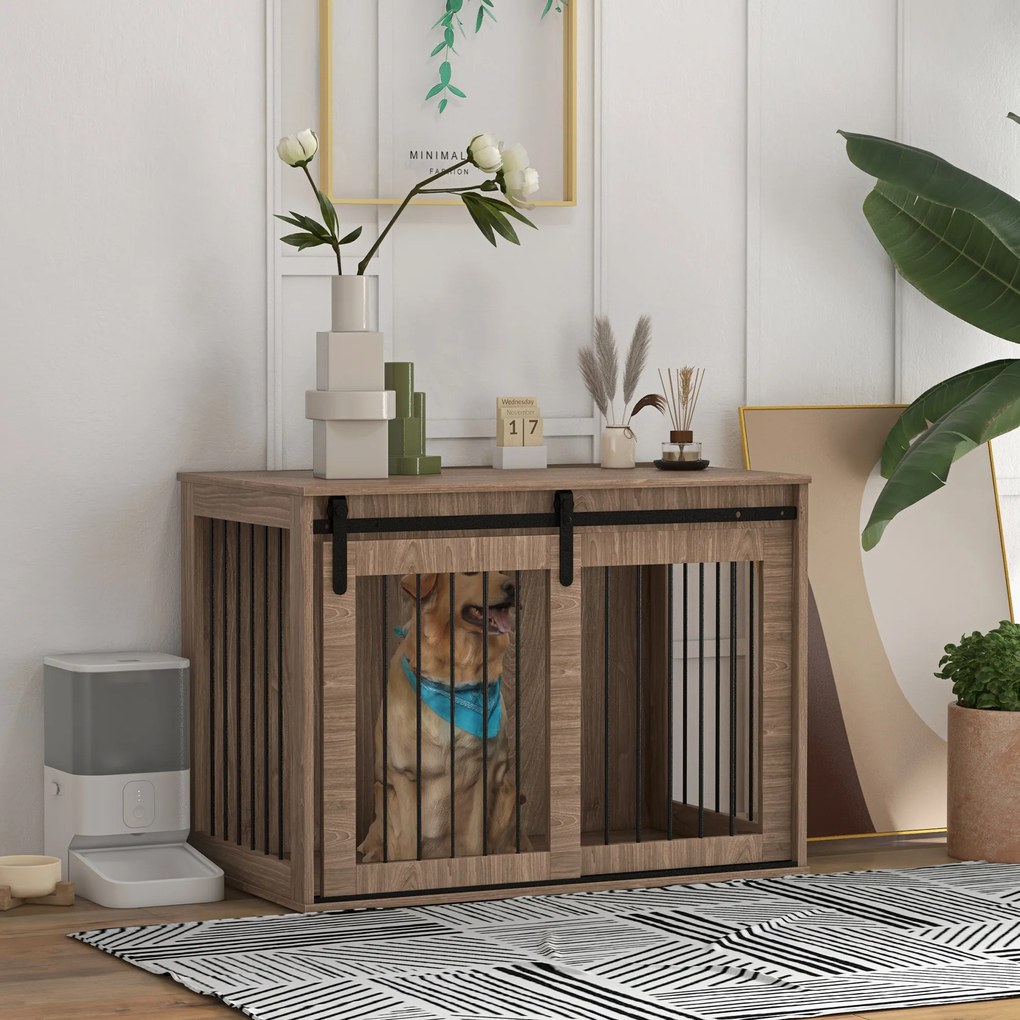 PawHut Box pro psy Klec pro psy, uzamykatelná, dřevěný vzhled, rustikální design, 98 cm x 58 cm x 61 cm, ořech + černá barva