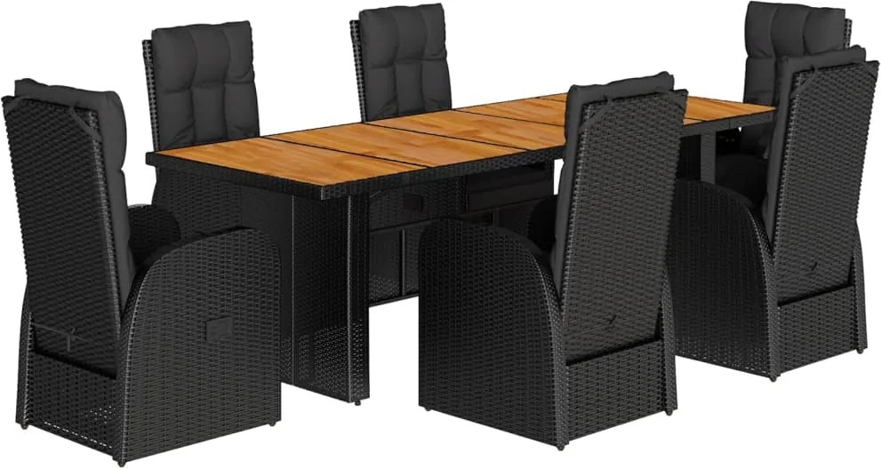 7dílný zahradní jídelní set s poduškami černý polyratan 3277632