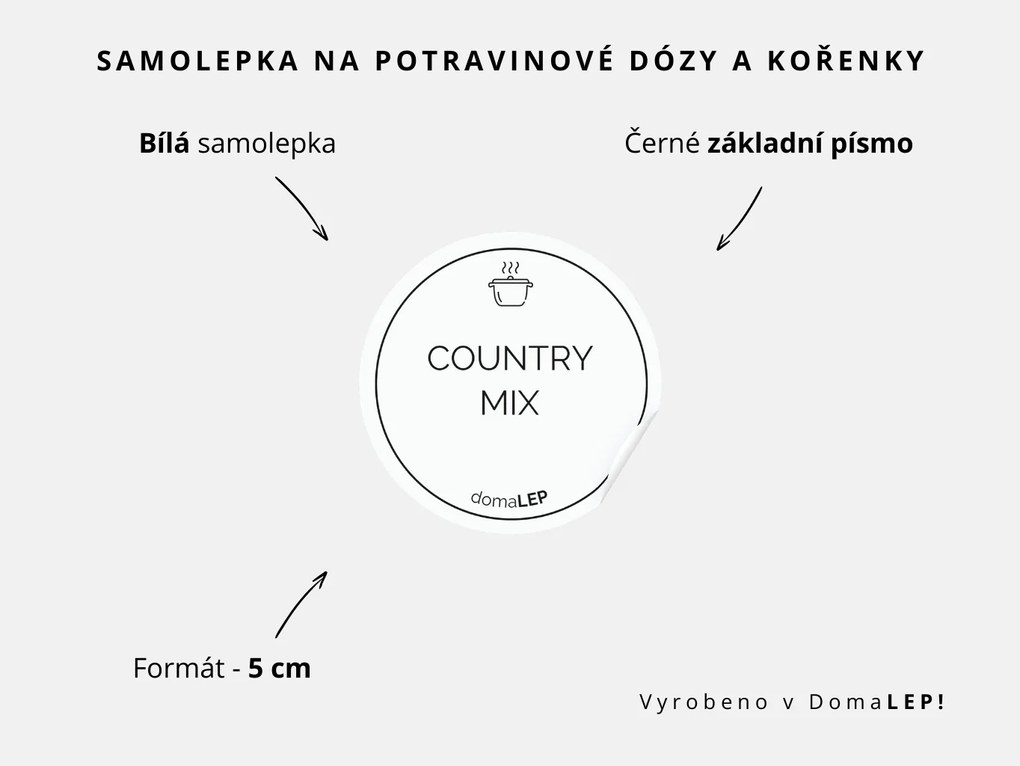 COUNTRY MIX - omyvatelná samolepka na kořenky, výběr rozměrů Ø 5 cm / 5 x 5 cm / 6 x 8 cm | DomaLEP tvar: ČTVEREC, barva: BÍLÁ - ČERNÉ písmo, velikost: š. 5 cm x v. 5 cm - tučné písmo