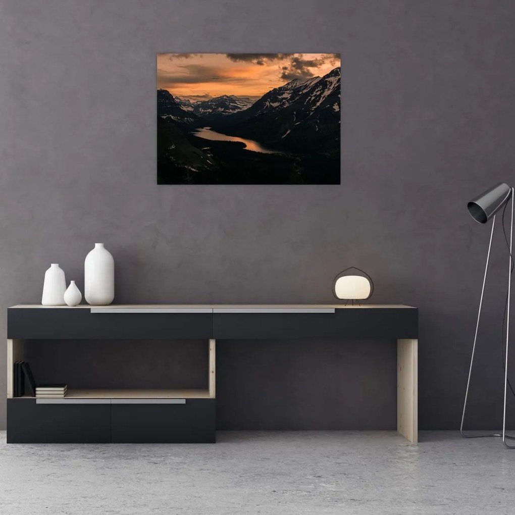 Skleněný obraz jezera mezi horami (70x50 cm)