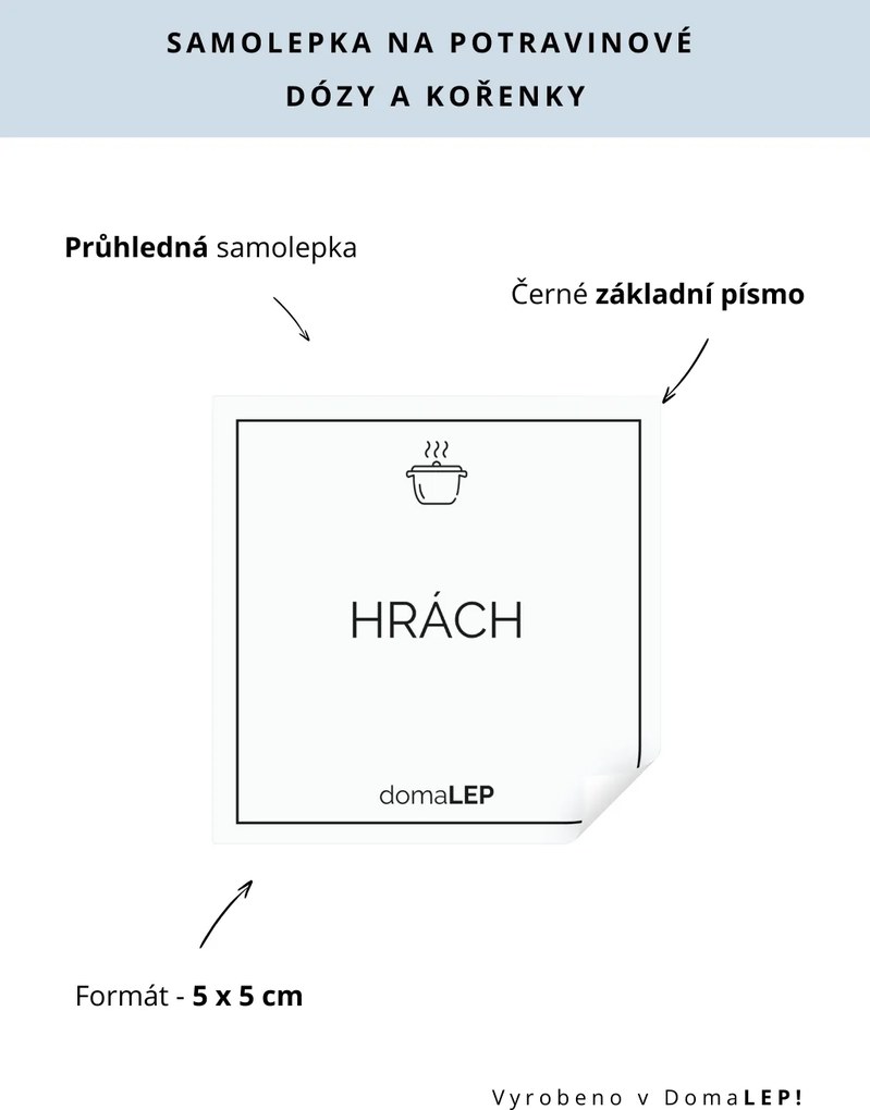 HRÁCH – průhledná samolepka na dózu, základní písmo, 5 × 5 cm